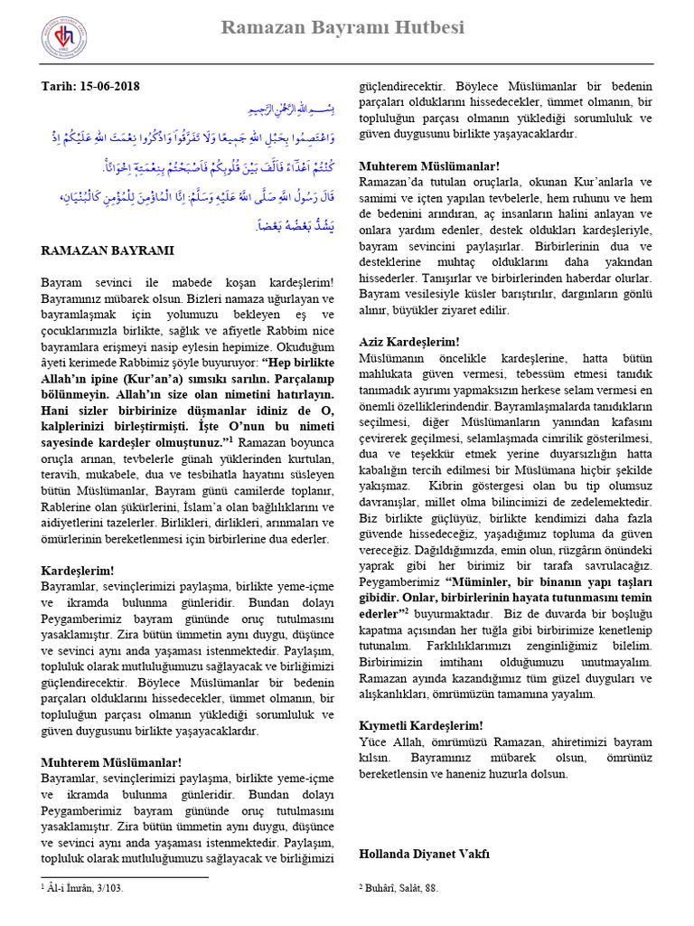 15 06 2018 Ramazan Bayrami Hutbesi Turkce | PDF