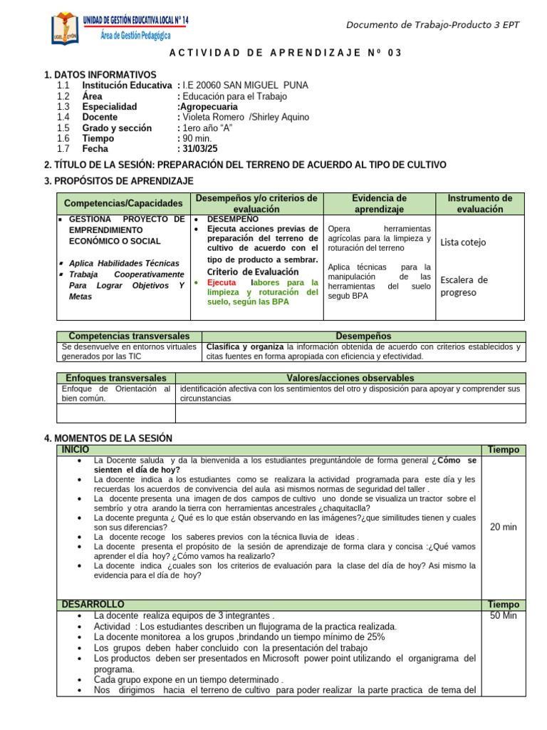 Sesion de Aprendizaje - Ept | PDF | Maestros | Evaluación