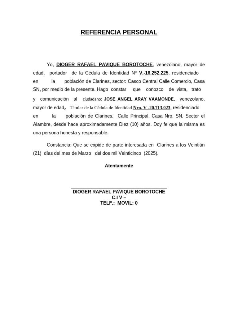 Referencia Personal de José Ángel Aray | PDF