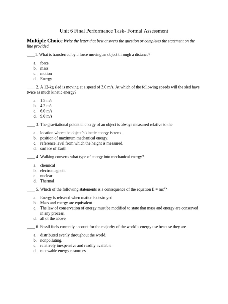 Physical Science B - Unit 6 Performance Task - Formal Assessment | PDF | Heat | Force