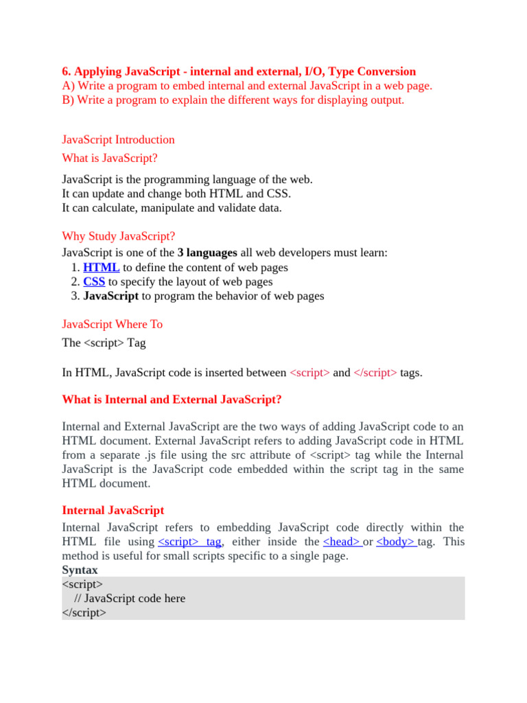 FSD-EXP-6 (Applying JavaScript - Internal and External, IO, Type Conversion) | PDF | Html | Java ...