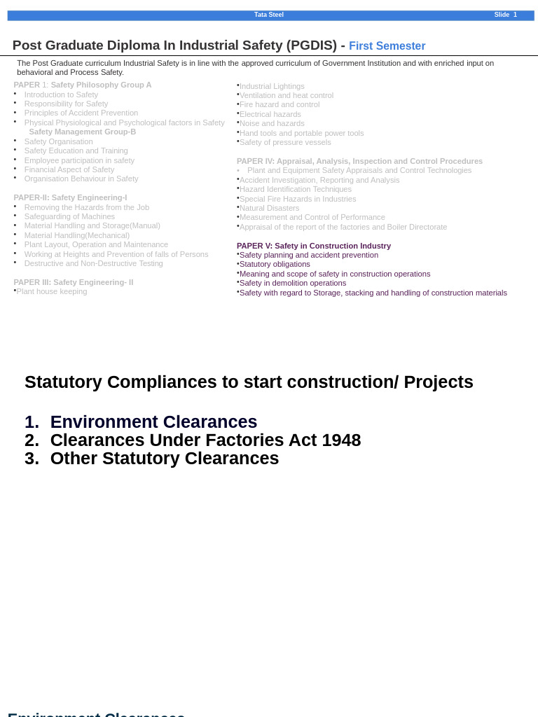 Safety Diploma Classes - Statutory Compliance | PDF | Safety | Occupational Safety And Health