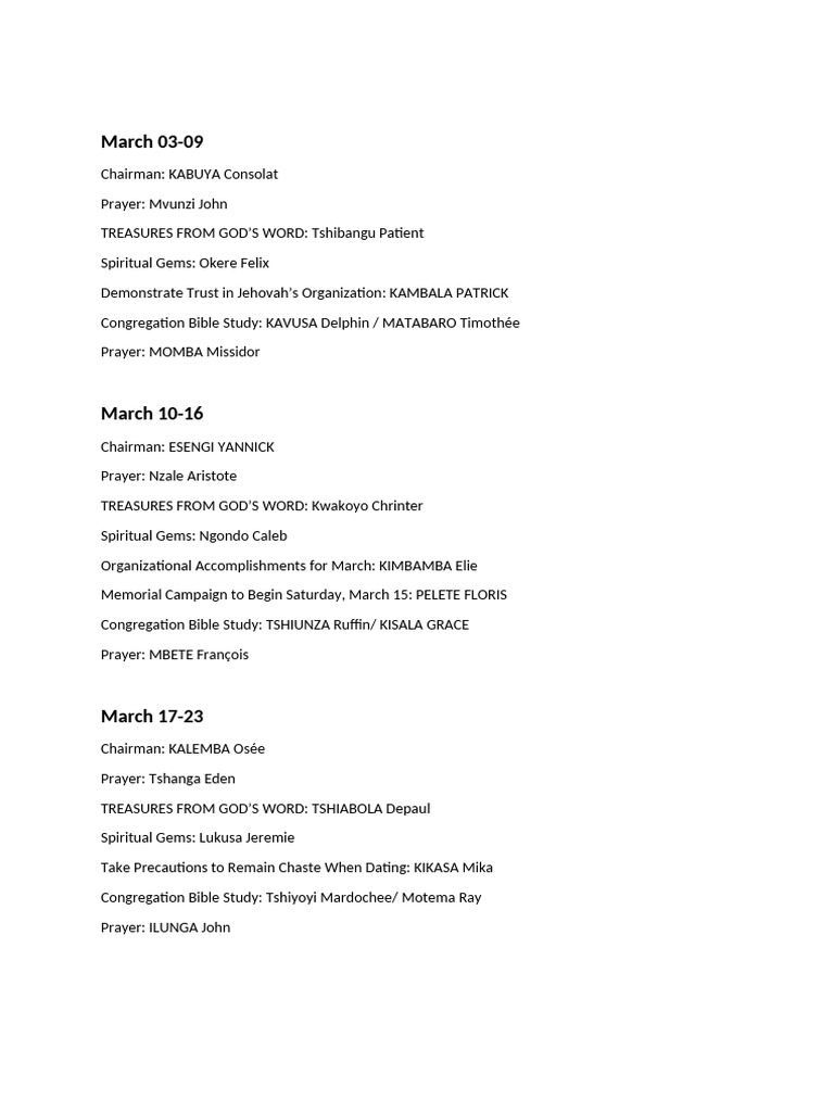 March 2024 Congregation Schedule | PDF