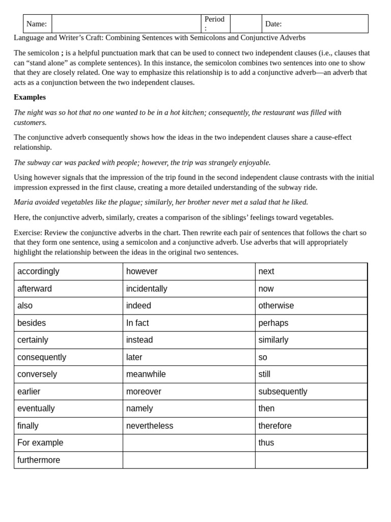 Using Semicolons with Conjunctive Adverbs | PDF | Sentence (Linguistics ...