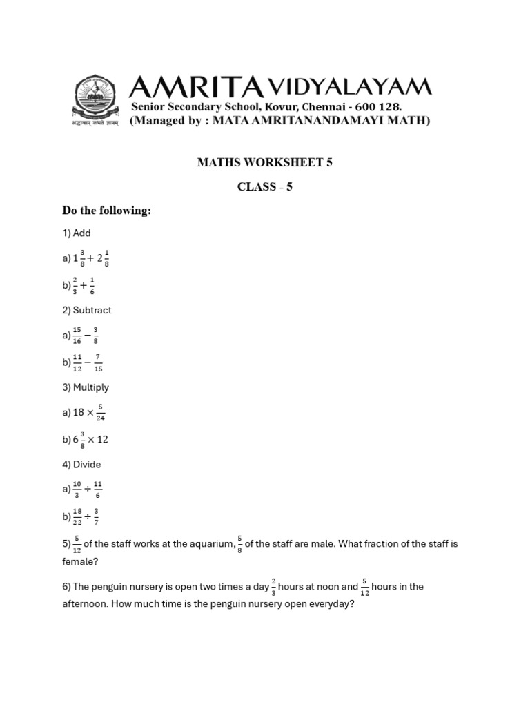 Class 5 Fraction Worksheet 2-1 | PDF