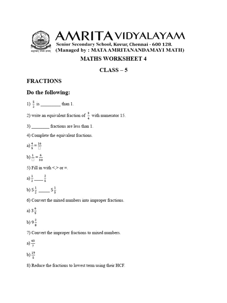 Class 5 Fraction Worksheet | PDF