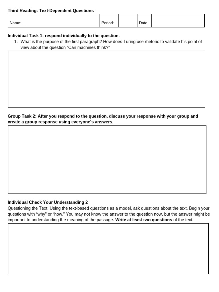 Text-Dependent Questions on Turing's Game | PDF | Human Communication