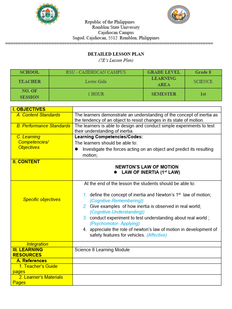 Detailed Lesson Plan. Bsed Sccience Newtons Law of Motion | PDF ...