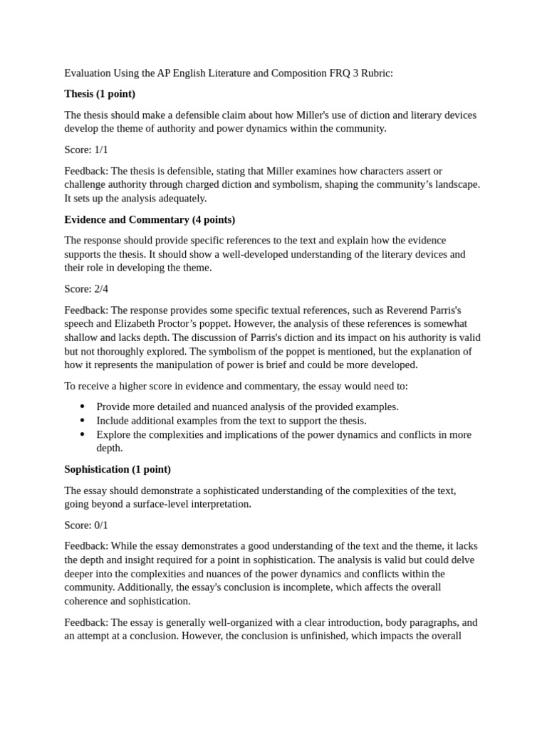Evaluation Using The AP English Literature and Composition FRQ 3 Rubric ...