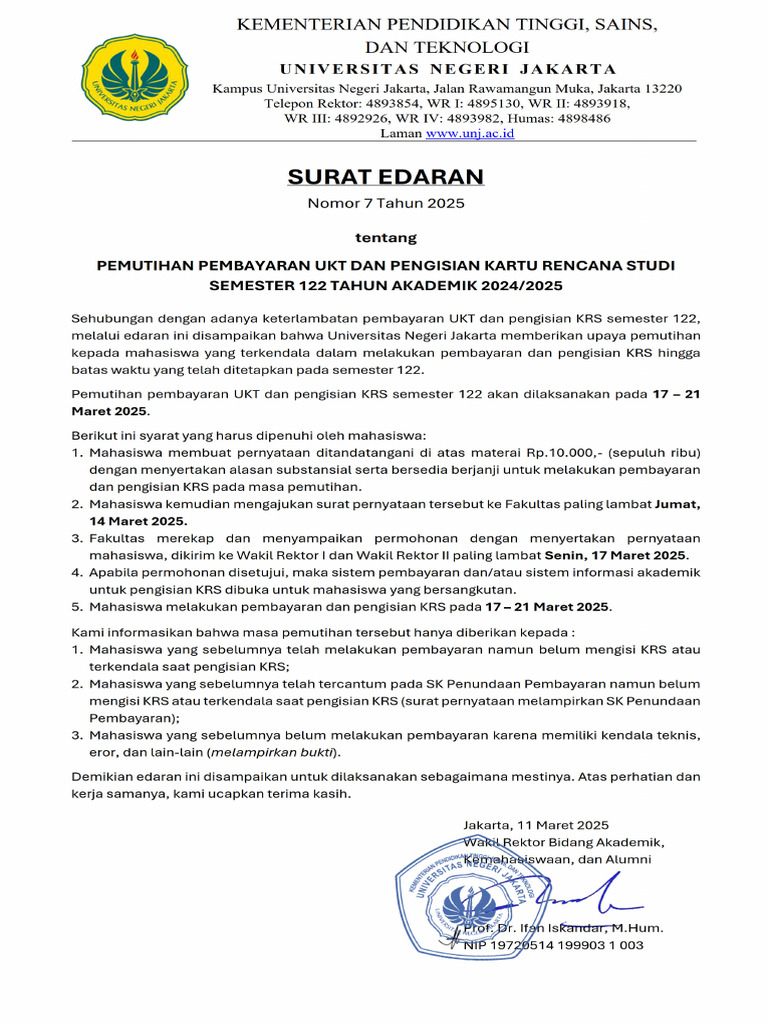 2-210-7 - SURAT EDARAN Pemutihan Pembayaran dan Pengisian KRS 122 TA 2024-2025 | PDF