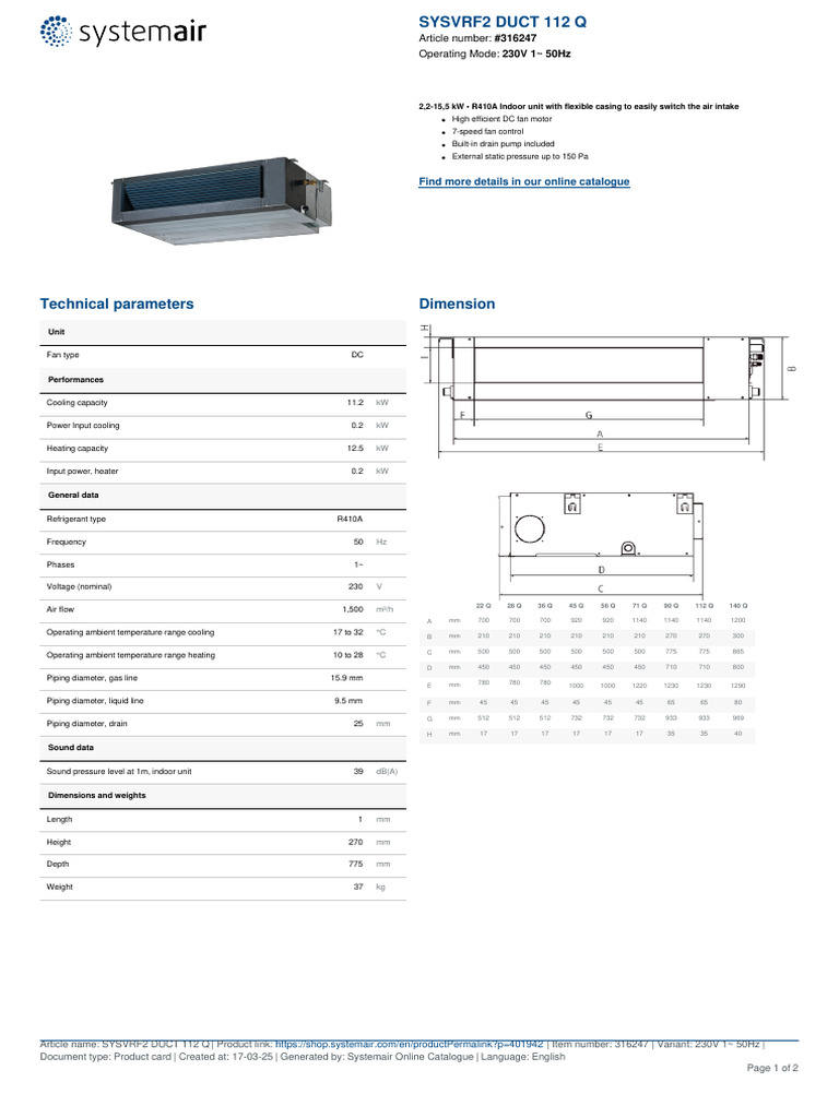 Systemair Sysvrf2 Duct 112 Q | PDF | Mechanical Engineering | Continuum Mechanics