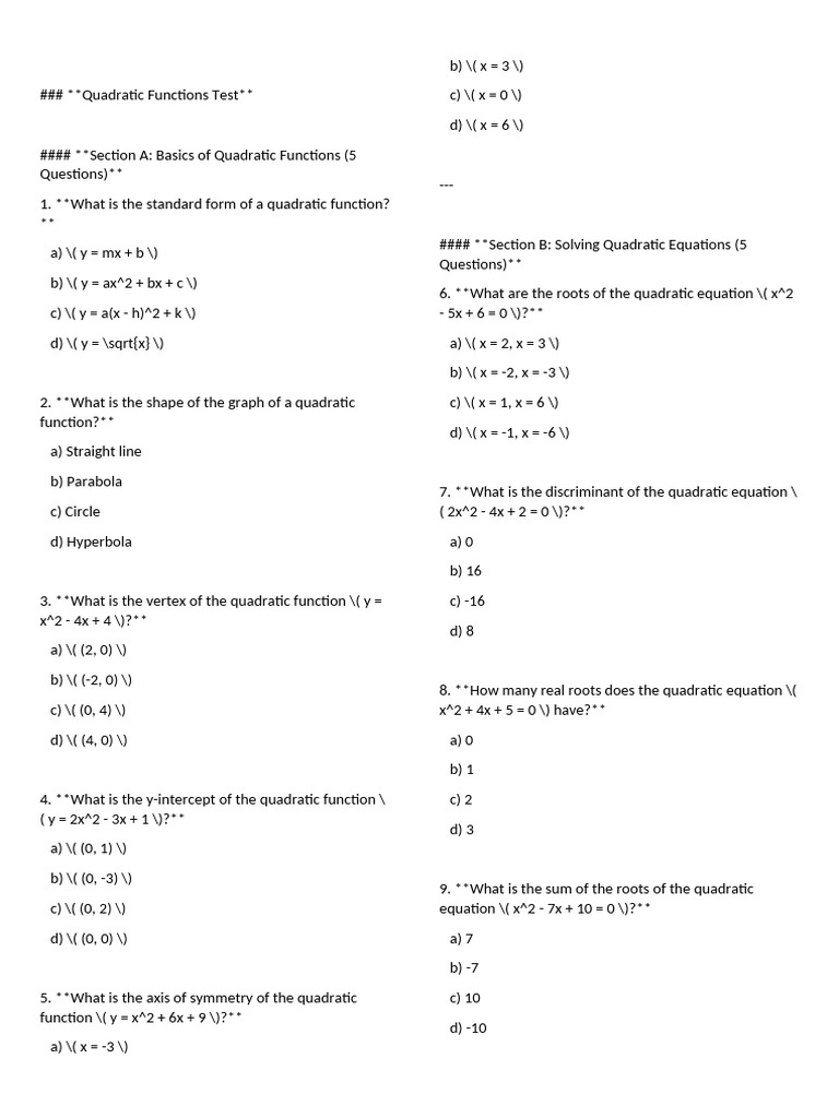 Quadratic Functions Assessment Test | PDF | Algebra | Mathematics