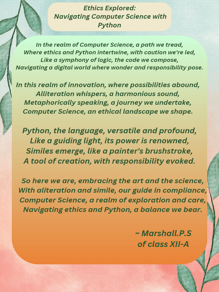 Ethics Explored Navigating Computer Science With Python-poem3-Made-By-marshall | PDF