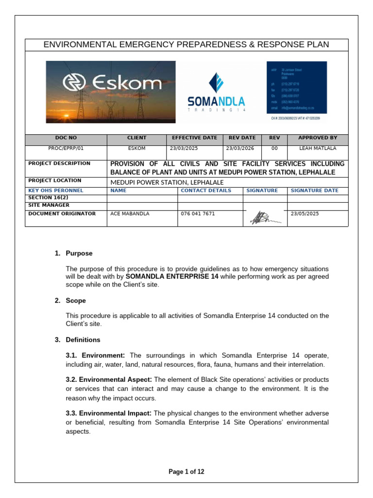 1.5. Environmental Emergency Preparedness & Response Plan | PDF | First ...