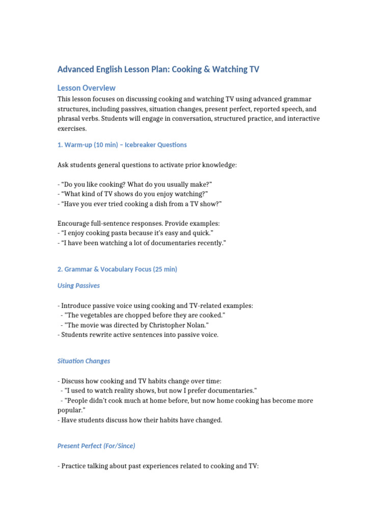 Advanced English Lesson Cooking Watching TV | PDF | Linguistics | Grammar