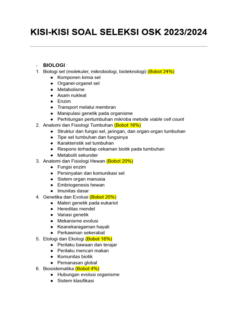 Kisi-Kisi Soal Seleksi Osk 2023 - 2024 | PDF