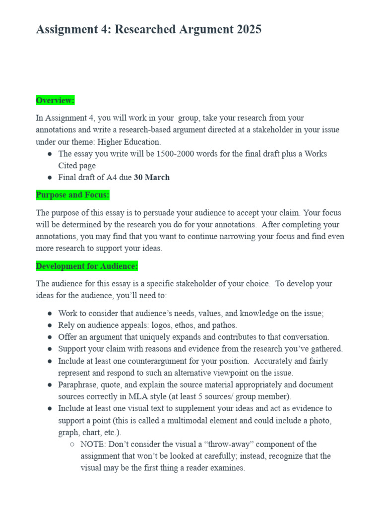 Assignment 4 Researched Argument 2025 | PDF | Essays | Citation