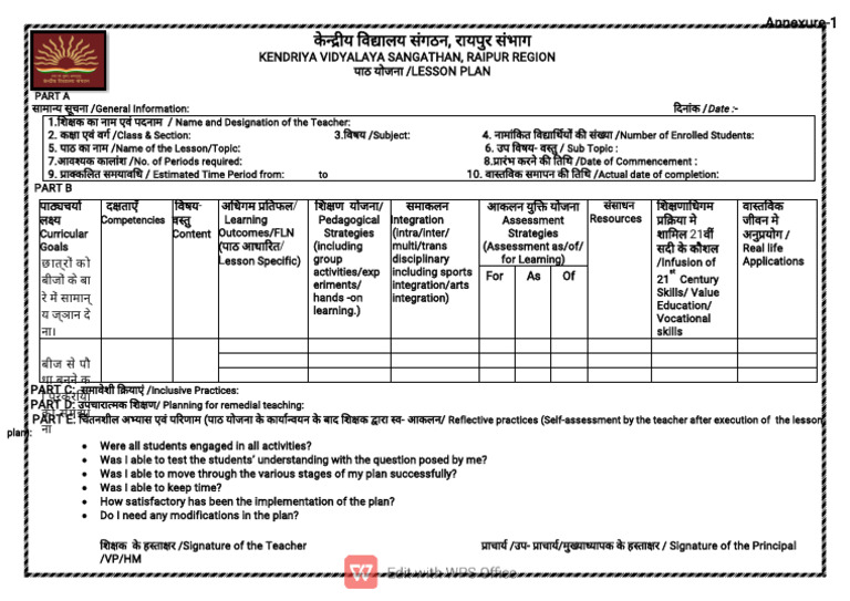 Lesson Plan Format 2024-25 Raipur Region | PDF