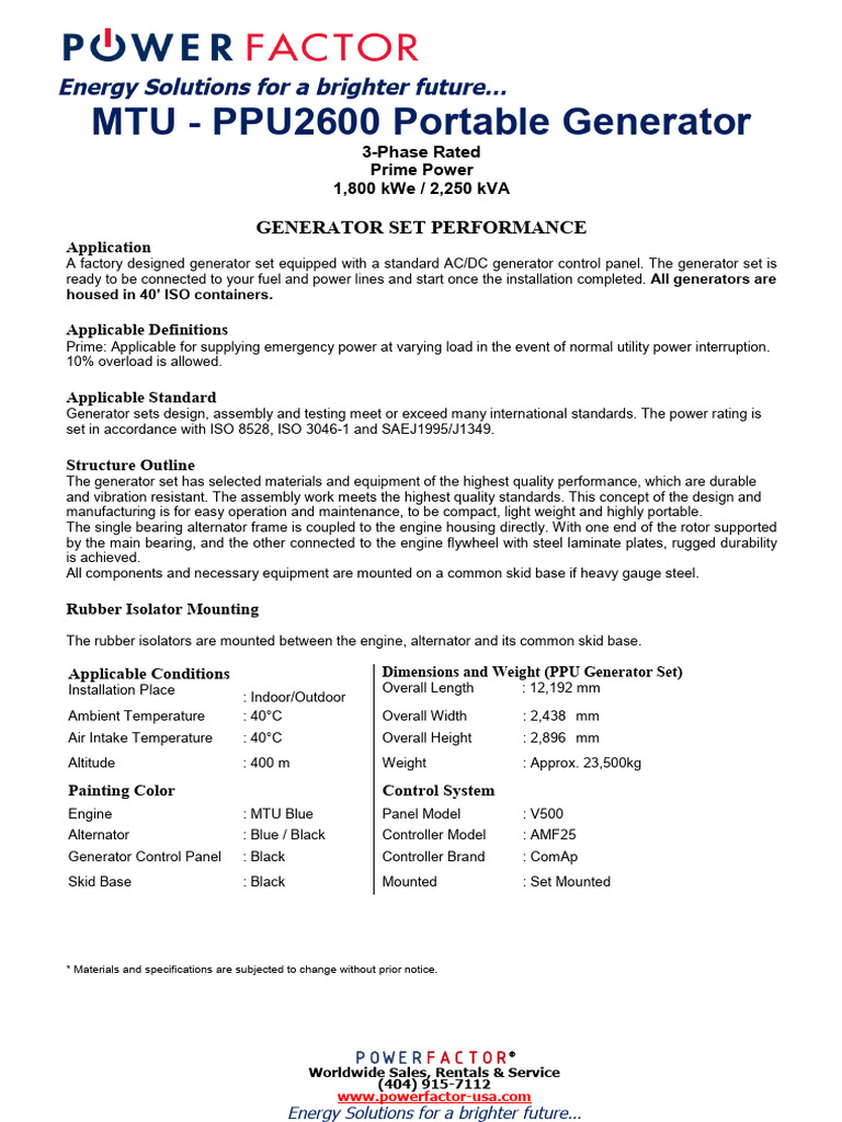 PowerFactor MTU ISO 1800KW60HZ Specifications | PDF | Engines | Electric Generator