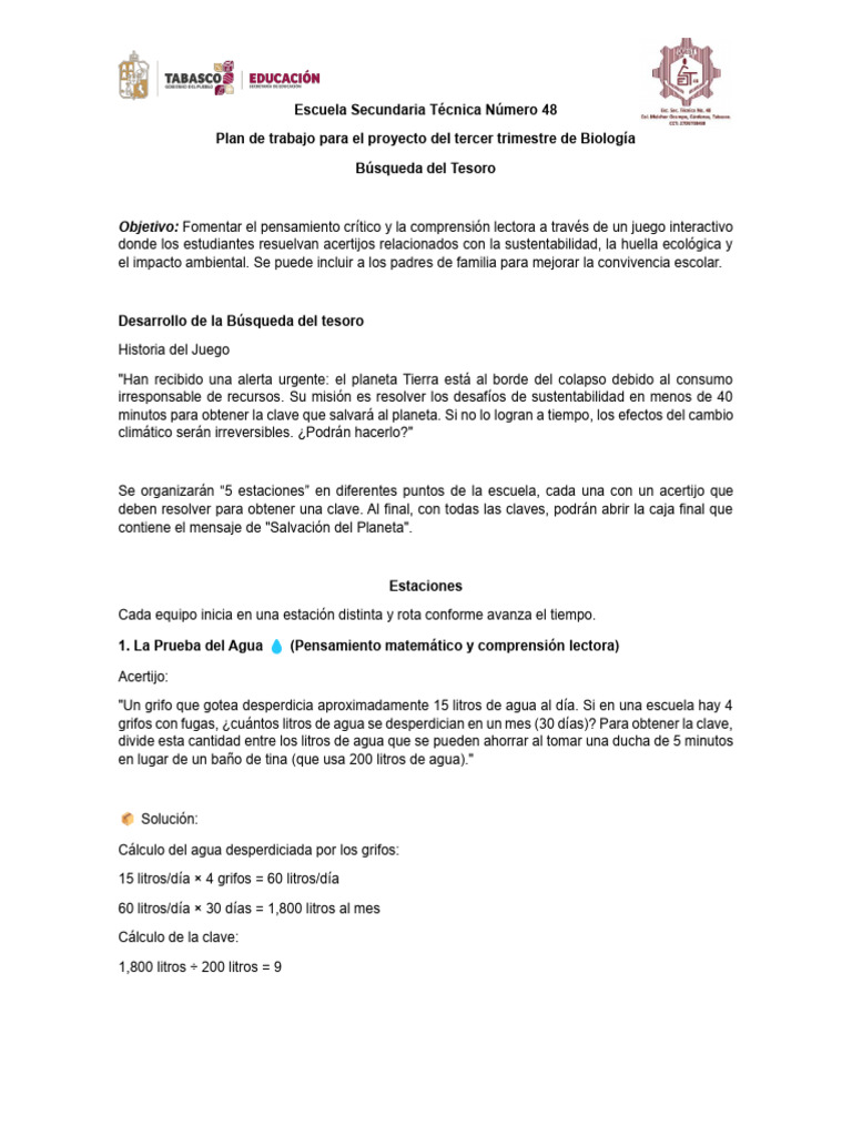 Plan de Trabajo Hany Busqueda Del Tesoro | PDF | Residuos | Agua