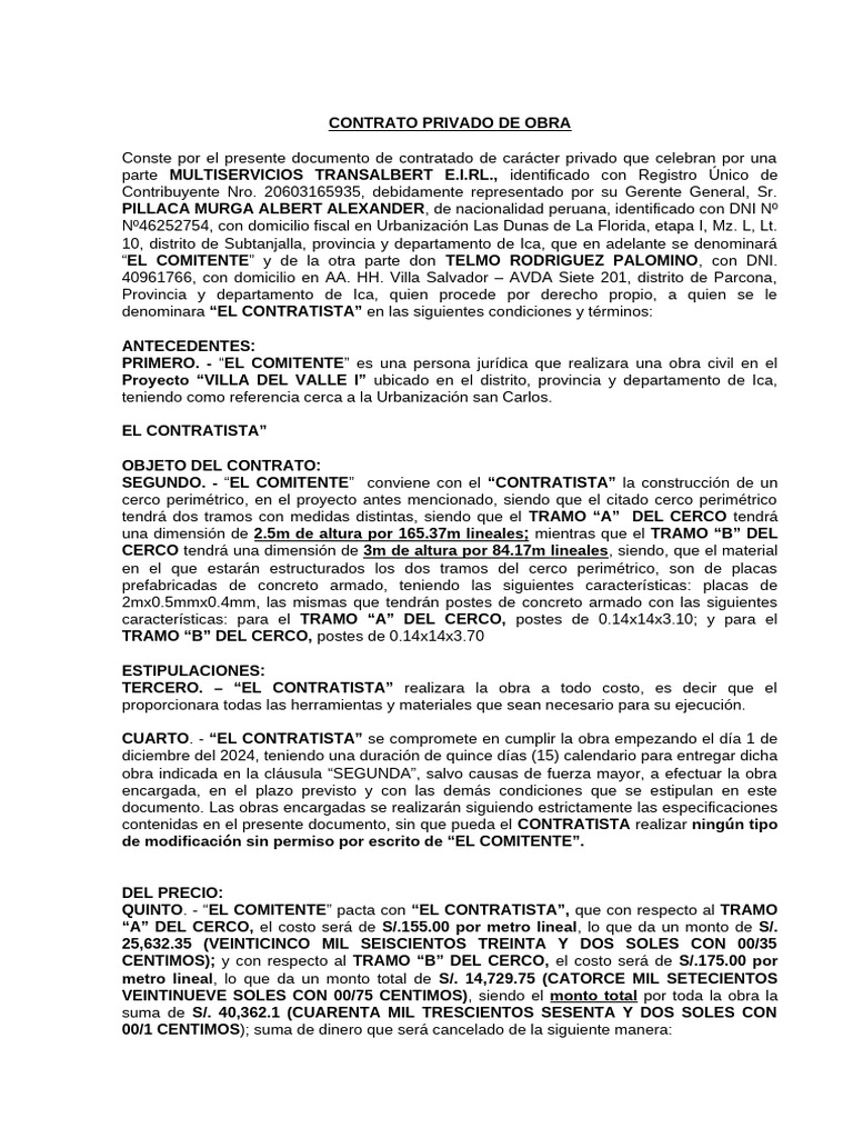 Contrato Privado de Obra Cerco | PDF