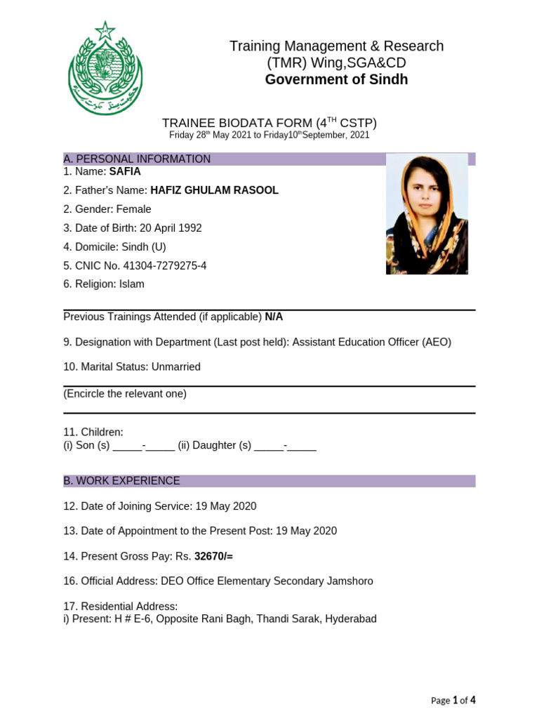 Trainee Bio Data Form - 4th CSTP | PDF