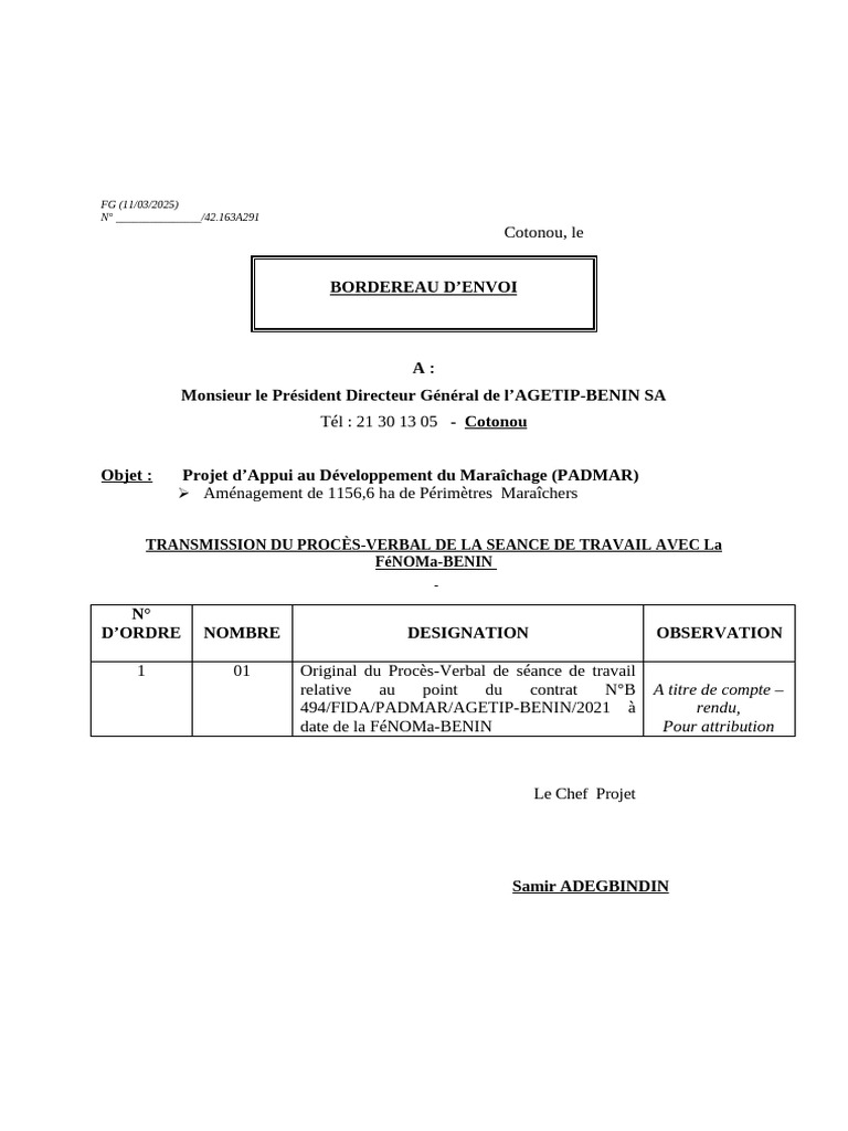 Transmission du Procès-Verbal PADMAR | PDF