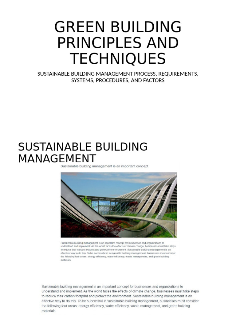 GREEN BUILDING PRINCIPLES AND TECHNIQUES SUS BLDG MANGT | PDF | Green ...