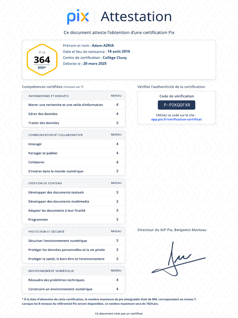 Attestation de certification Pix | PDF | Informatique | Cyberespace