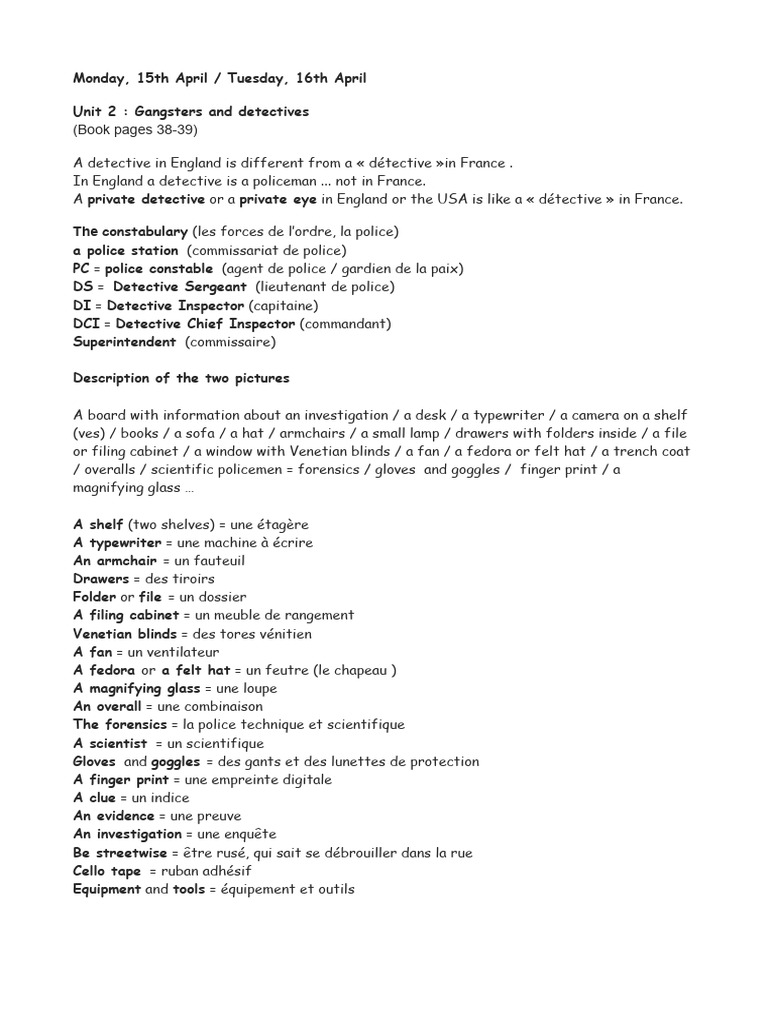Unit 2 - Gangsters and Detectives 15th April and 16th April | PDF ...