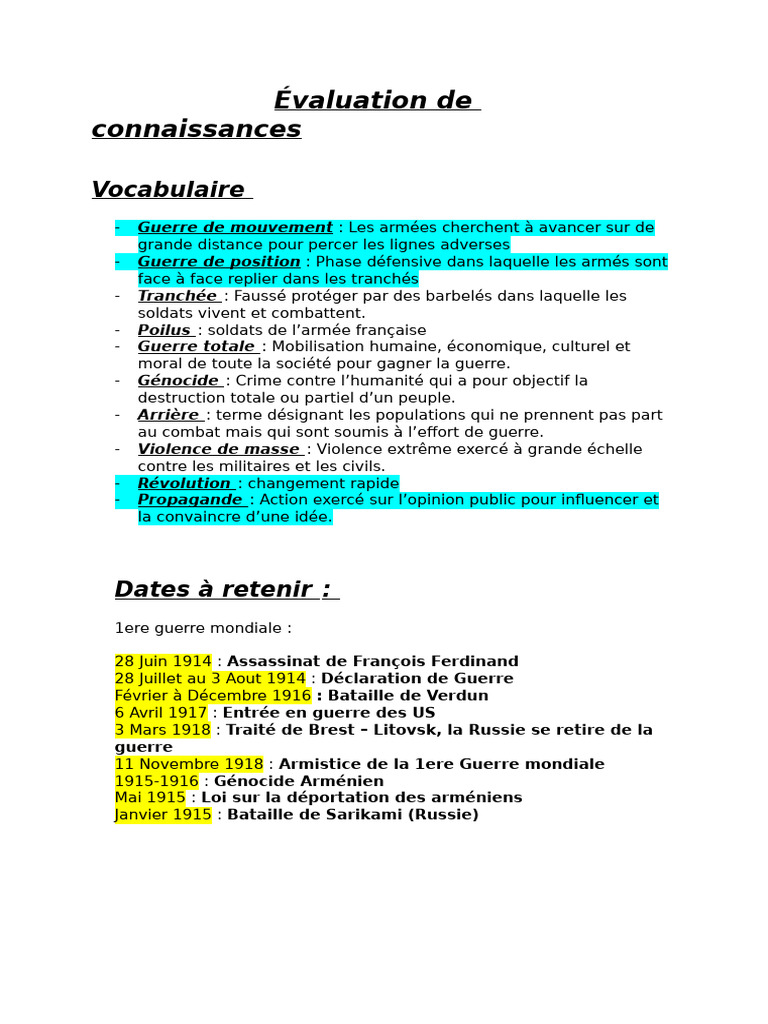 Évaluation de connaissances 1ere guerre mondiale | PDF | Première ...