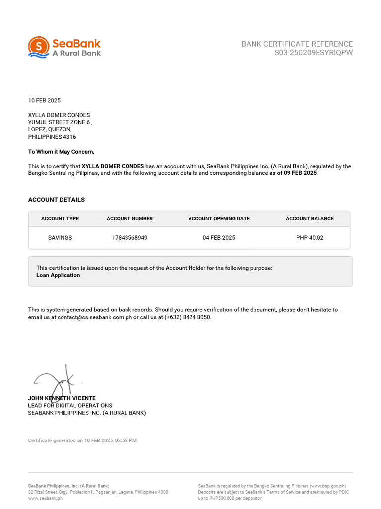 Bank Certificate | PDF
