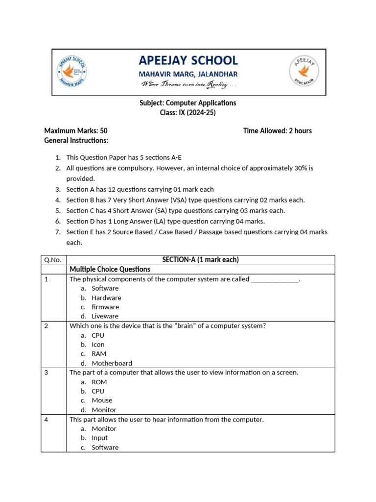 Q.Paper of Class 9 (Computer Applications) - TERM-I 2024-25 | PDF ...