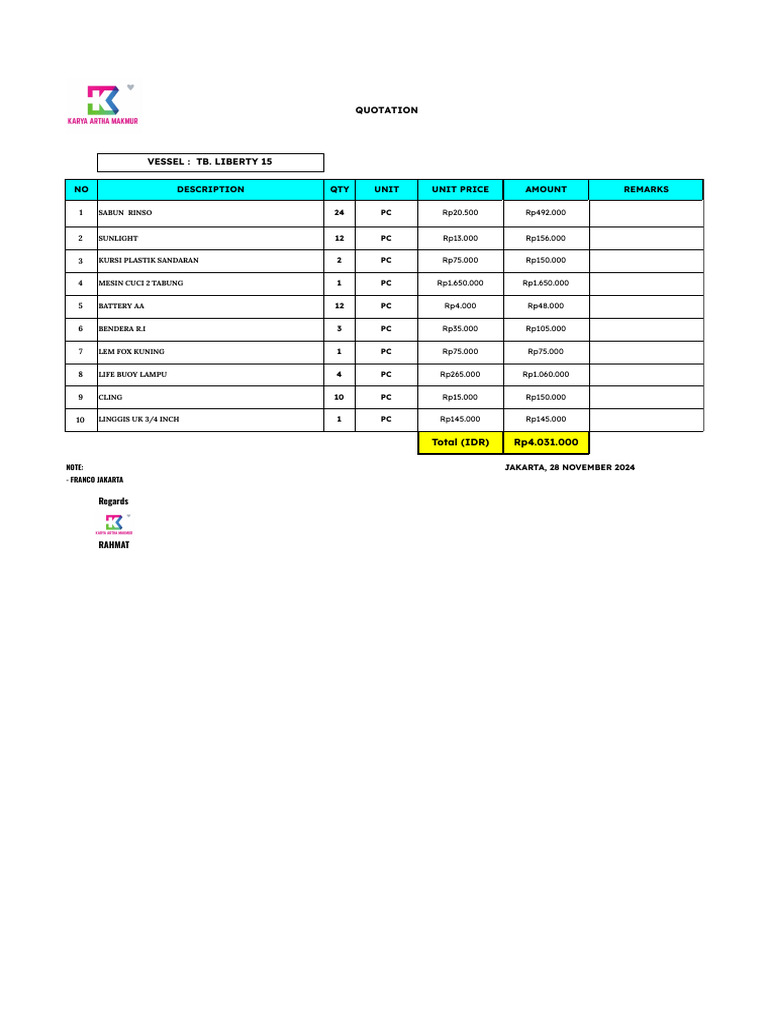 Quotation: NO Description QTY Unit Unit Price Amount Remarks | PDF
