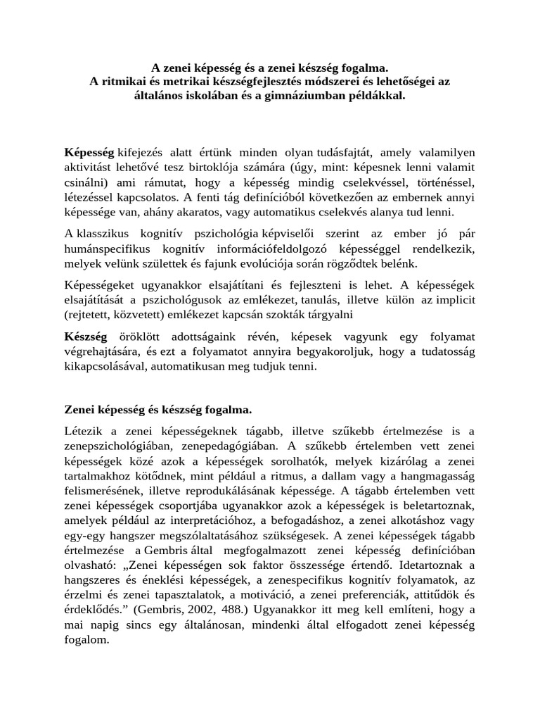 A Zenei Képesség És A Zenei Készség Fogalma | PDF
