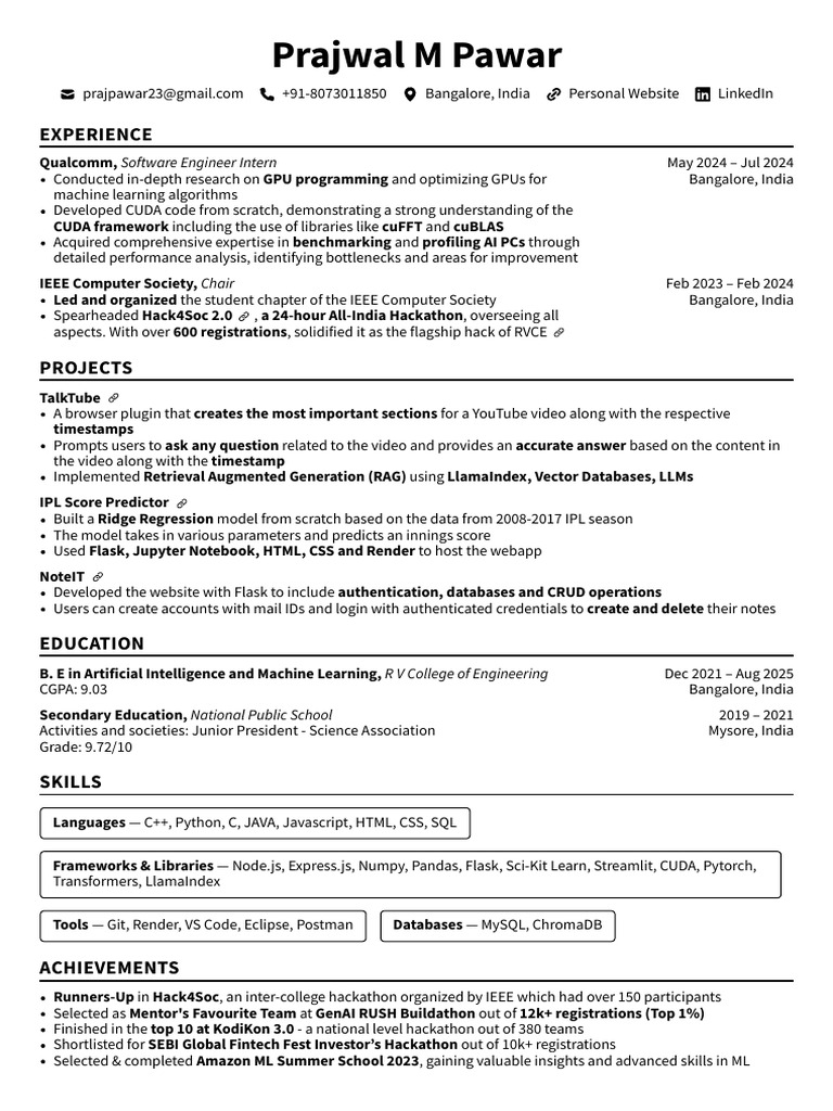 Prajwal M Pawar Resume | PDF | Artificial Intelligence | Intelligence ...