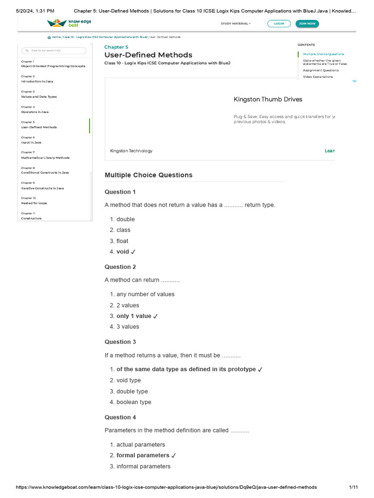 Chapter 5 - User-Defined Methods - Solutions For Class 10 ICSE Logix Kips Computer Applications ...