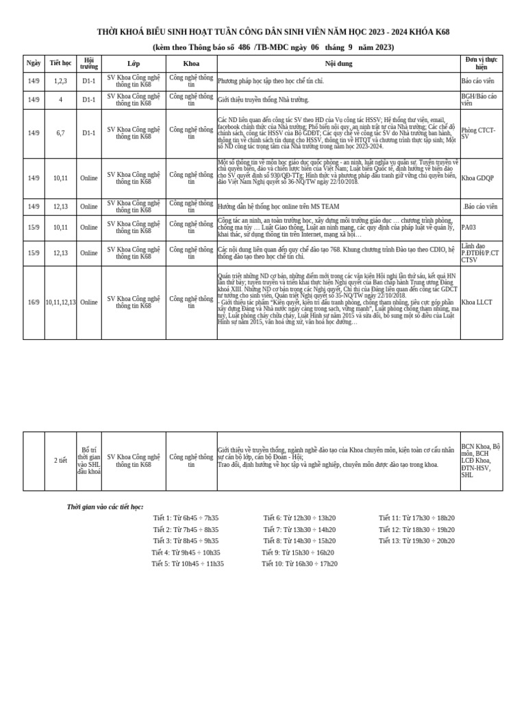 2023 k68 Lich Hoc Tuan CDSV NH 2023 2024 | PDF
