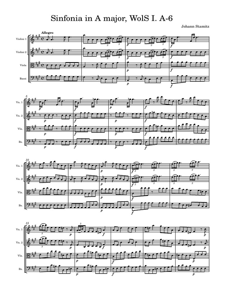 J - Stamitz, Sinfonia in A Major, aWolS I. A-6 - Score | PDF