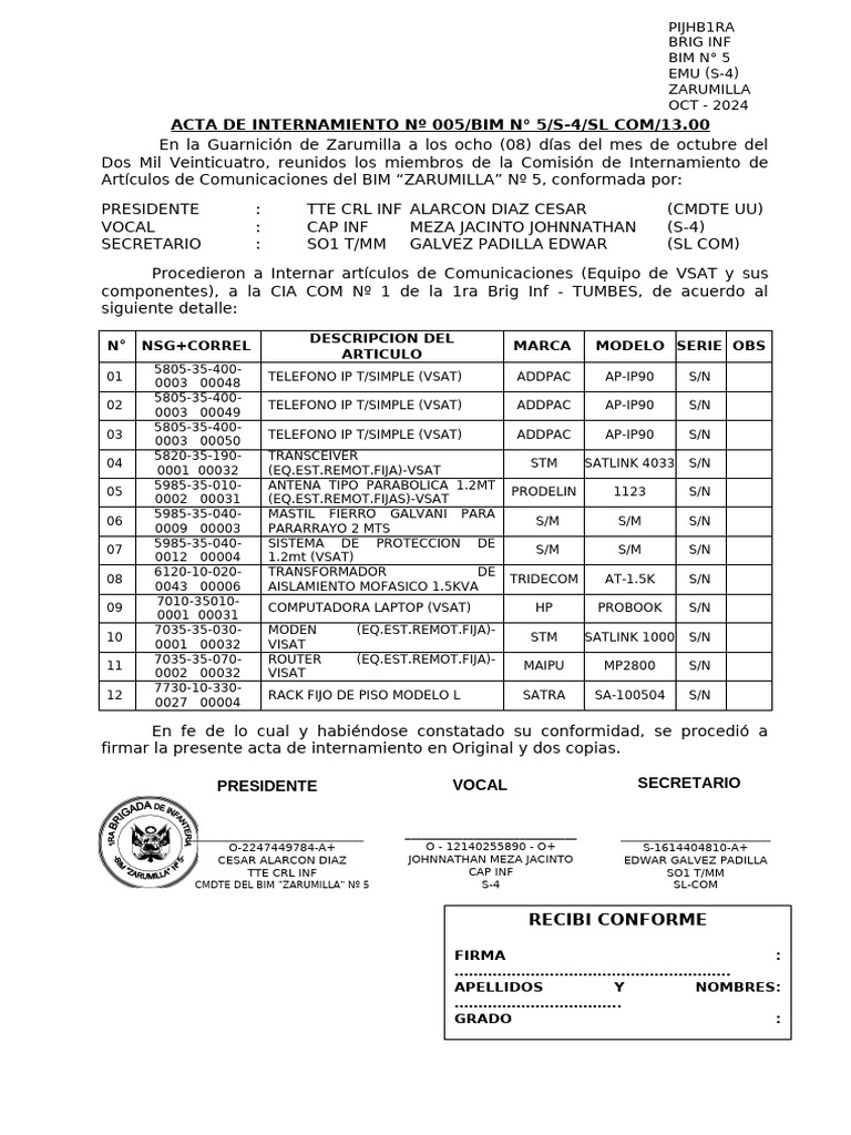 Acta Internamiento Vsat Bim 5 | PDF