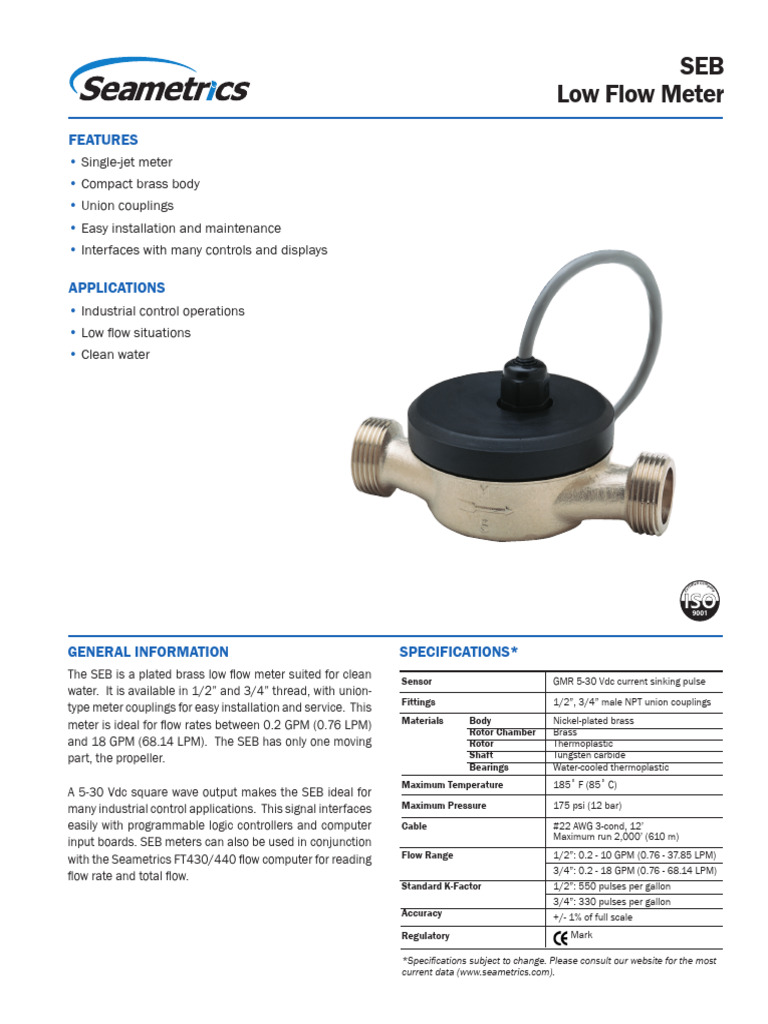 SEB Low Flow Meter Specifications | PDF | Flow Measurement | Mechanical ...