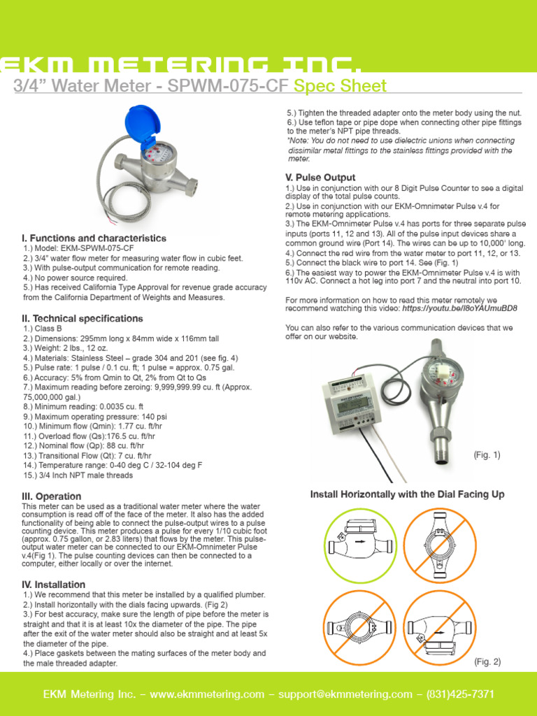 EKM SPWM 075 CF Water Meter Spec Sheet | PDF | Pipe (Fluid Conveyance) | Mechanical Engineering