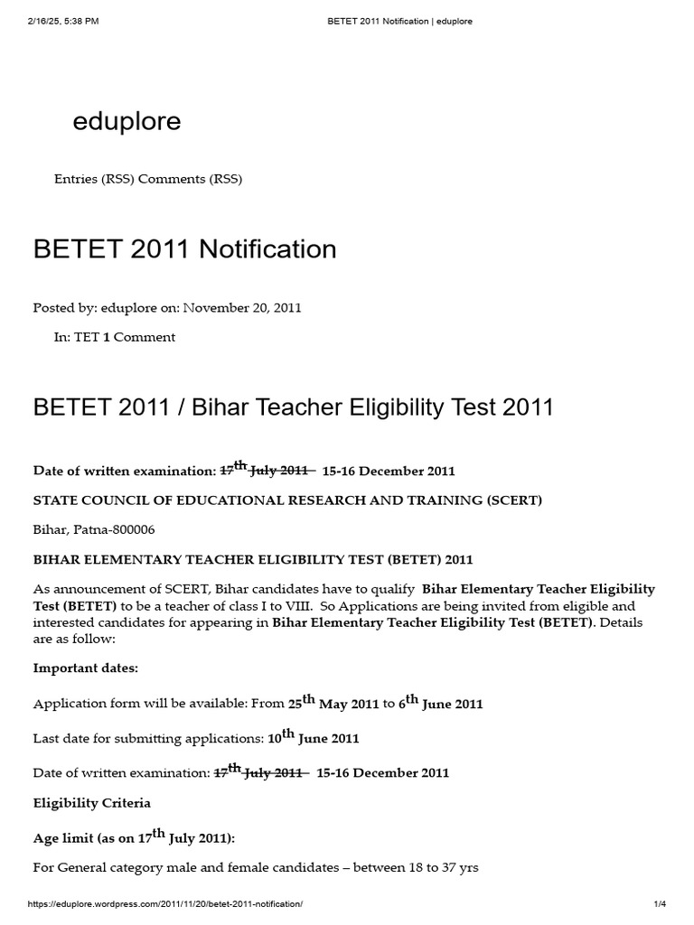 BETET 2011 Notification _ eduplore | PDF | Educational Stages