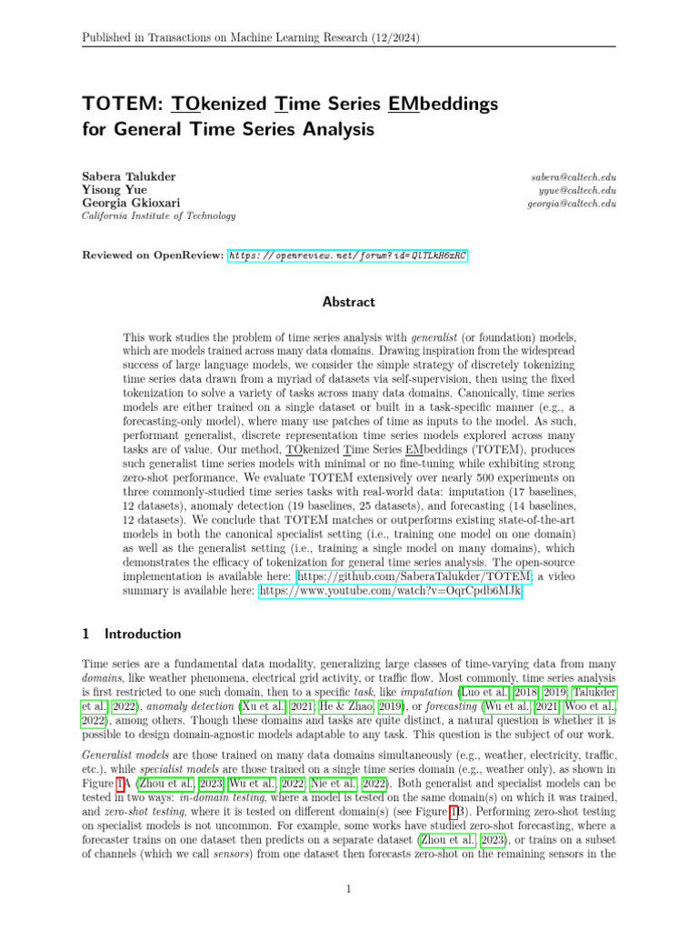 Totem: Tokenized Time Series Embeddings For General Time Series Analysis | PDF | Time Series ...