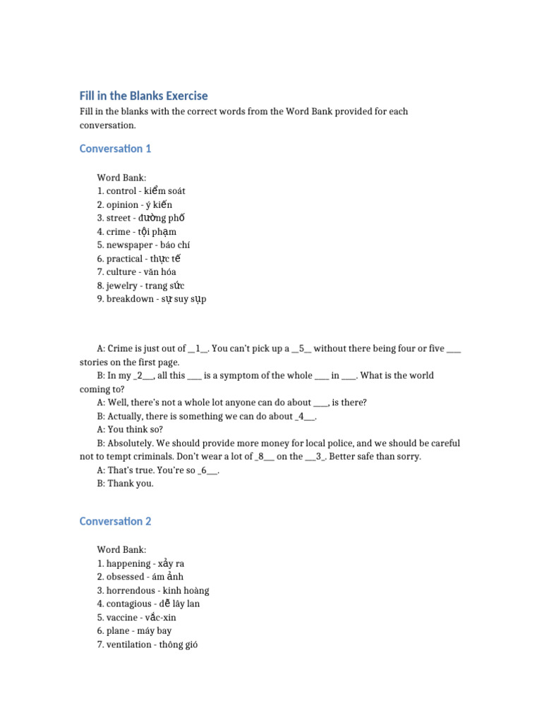 Fill in The Blanks Full Conversations With Word Bank | PDF | Vietnam