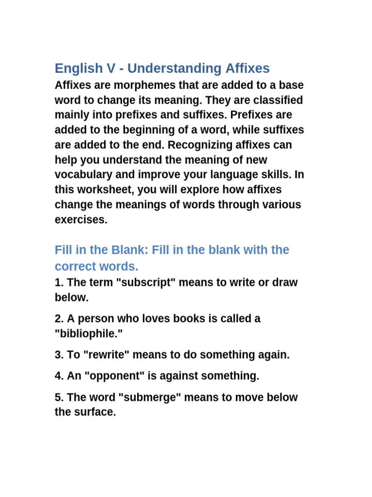 Understanding Affixes Complete Exercise | PDF