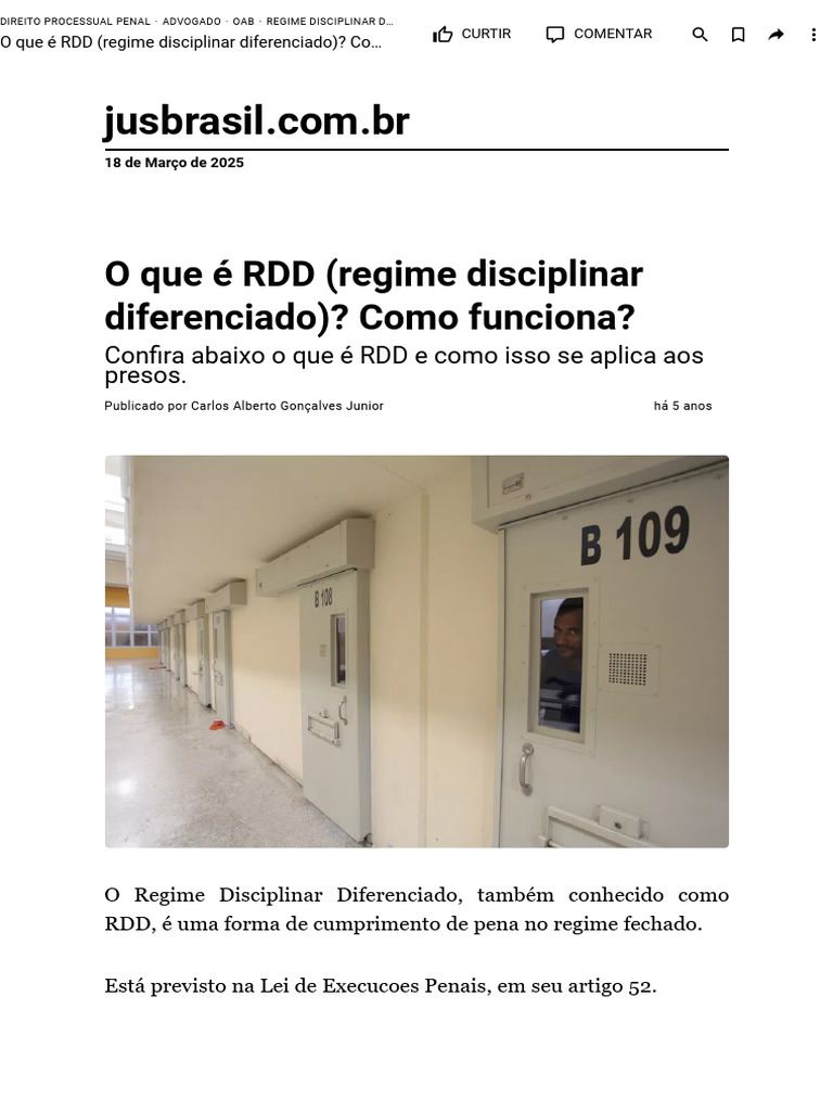 O Que É RDD (Regime Disciplinar Diferenciado) - Como Funciona - Jusbrasil | PDF | Advogado ...
