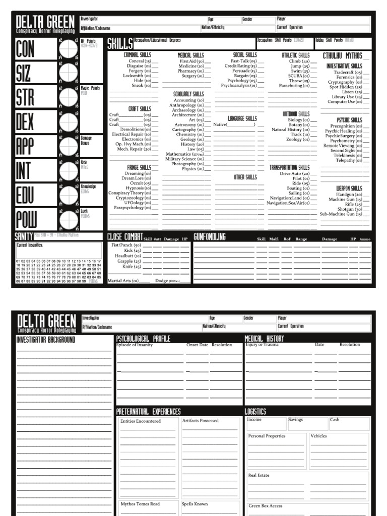Delta Green - Character Sheet (Landscape) | PDF | Tabletop Games | Role ...