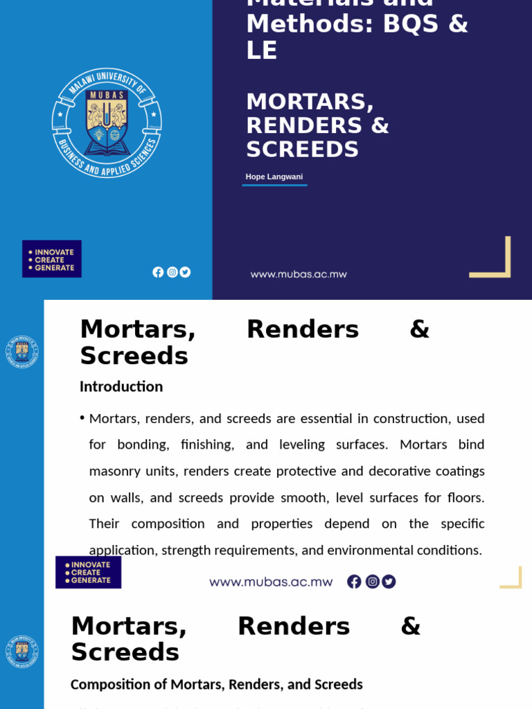 Mortars, Renders and Screeds | PDF | Mortar (Masonry) | Masonry