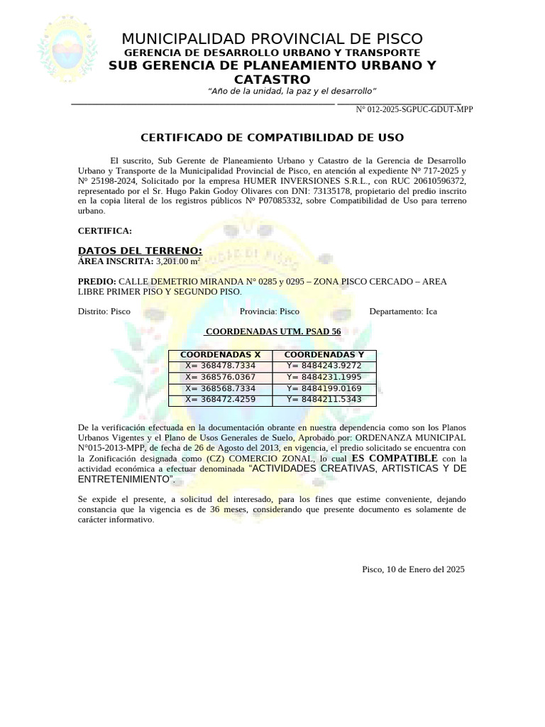 Certificado de Compatibilidad y Uso 000 Exp. 25198 | PDF
